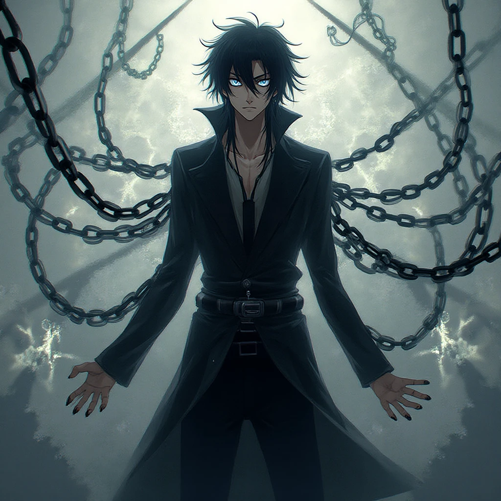 An anime man with five chains coming out of his body ending with two ...