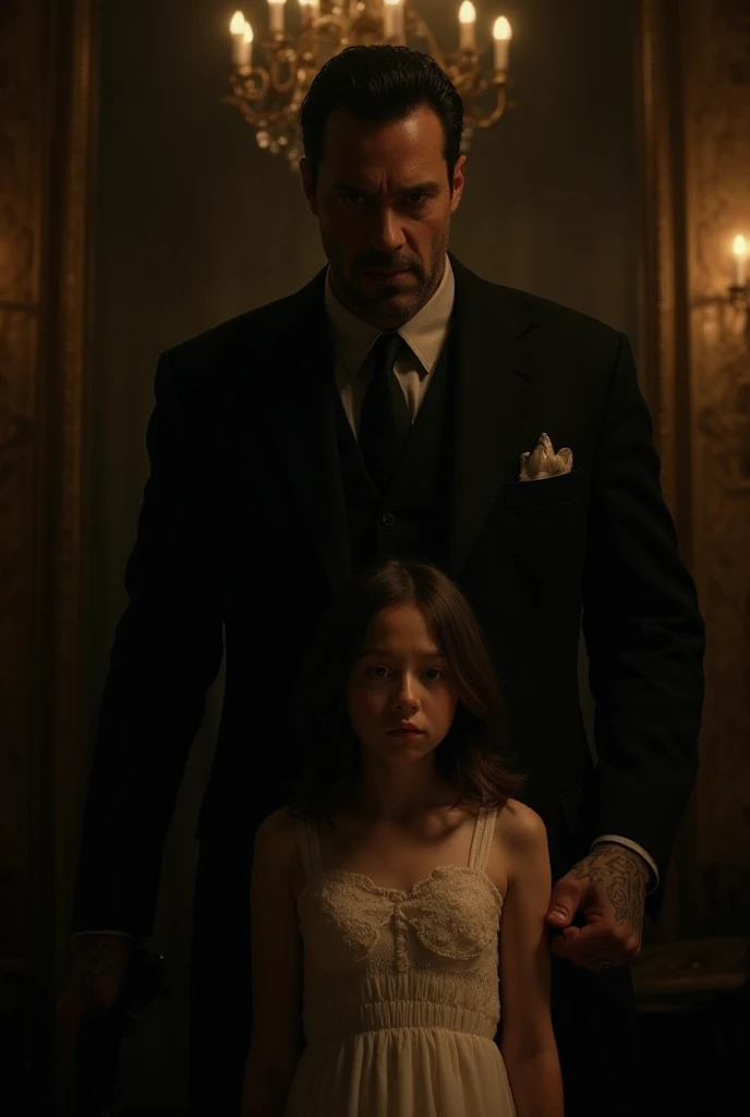 A dark, cinematic 16:9 scene of a powerful mafia boss with a sharp suit ...