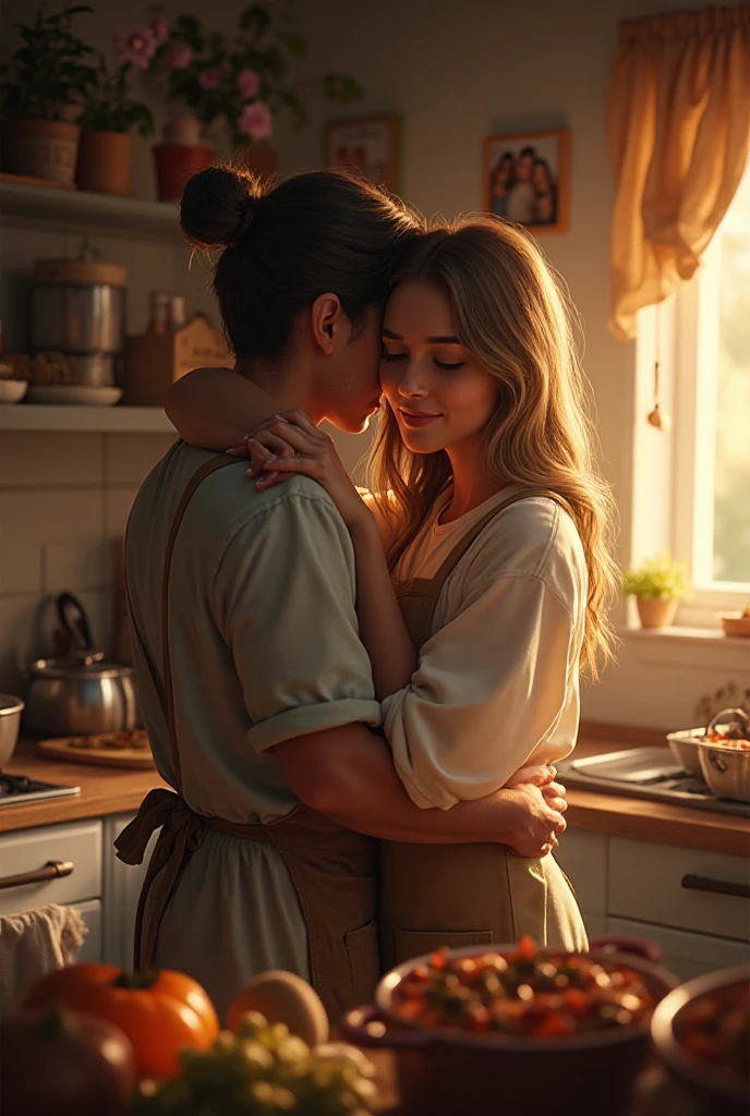 Back photo of a girl cooking dinner in the kitchen (hugs me as ...