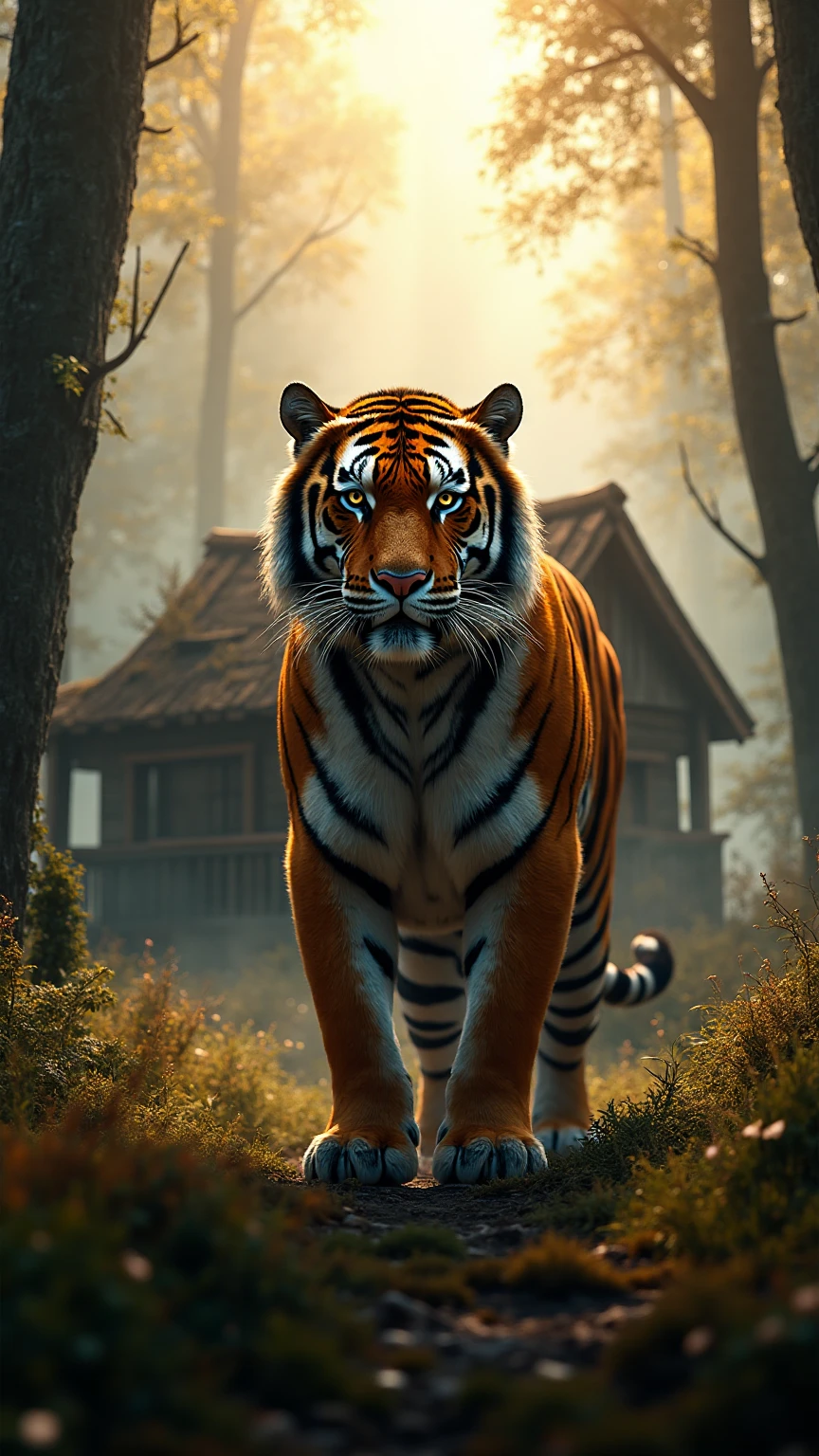 Hyper-realistic photo of a majestic tiger standing in front of a wooden ...