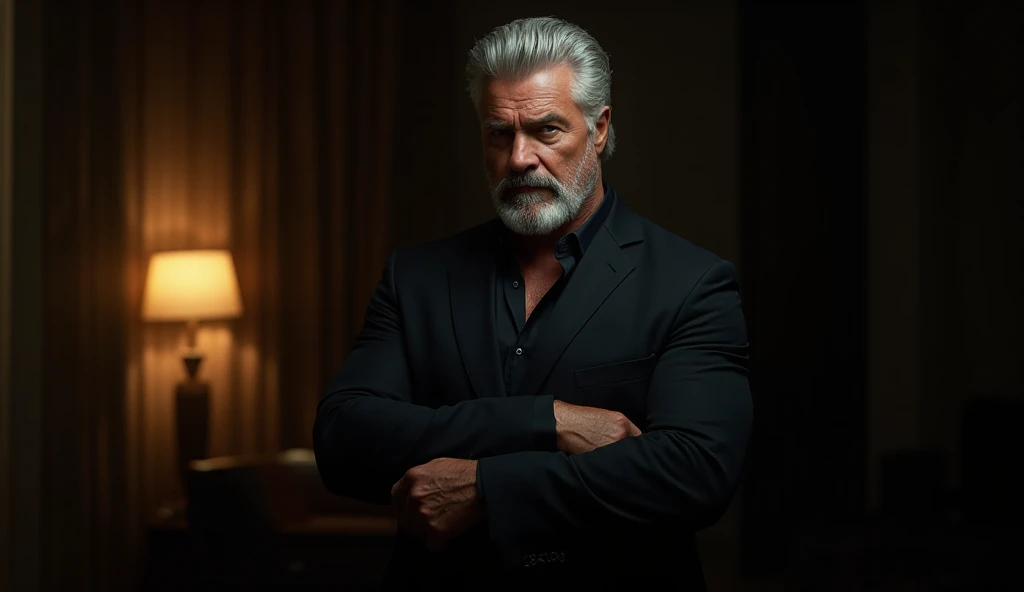 Ultra-realistic cinematic banner of a mature, masculine man standing in ...