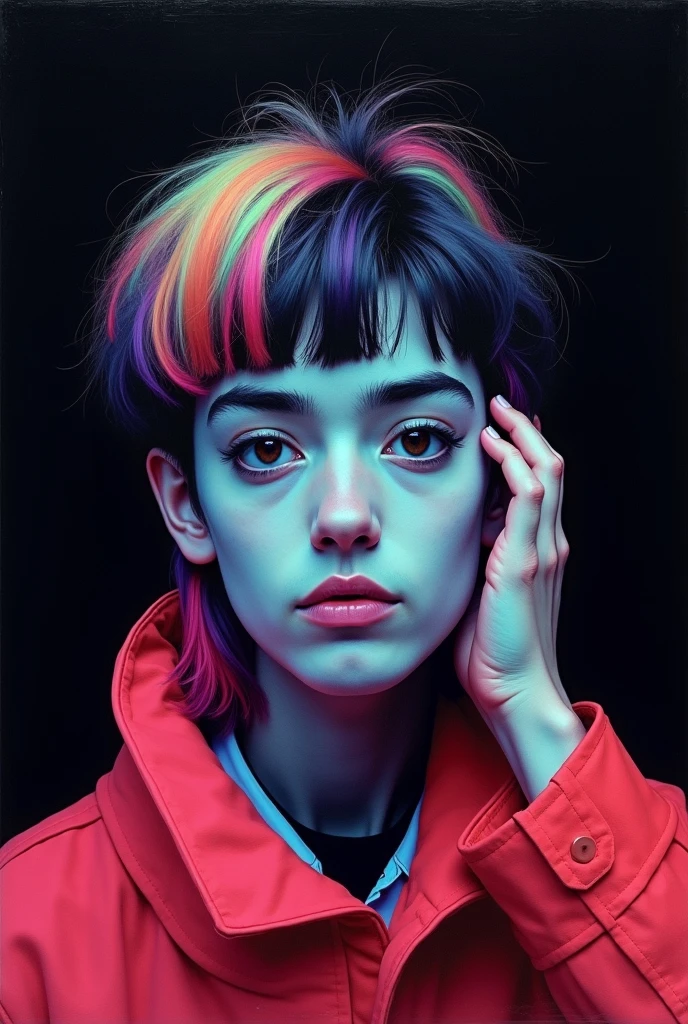 A surrealist, dreamlike painting of a human face. The artwork has a ...