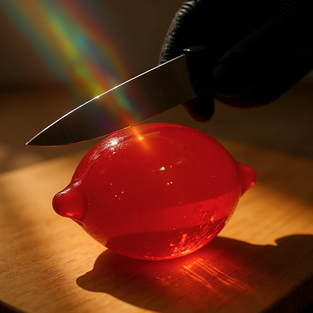 A hyper-realistic ASMR video of a flawless red glass lemon resting on a ...