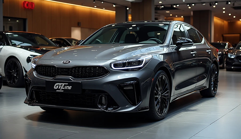 2026 kIA K5 GT- line in shiny smoke colour in luxury cars showroom the ...