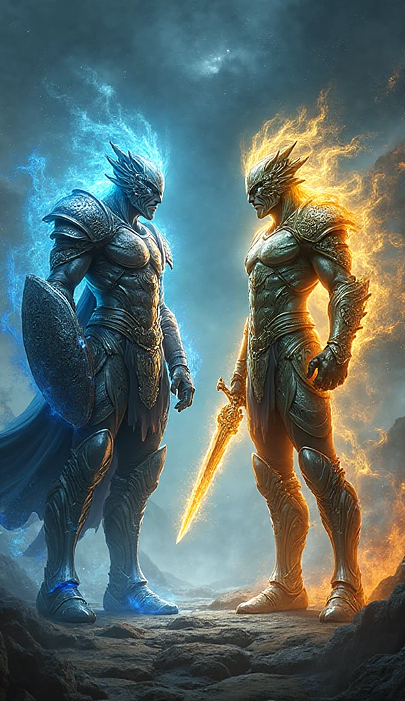 Two male zodiac warriors, Cancer (towering armored warrior with glowing ...