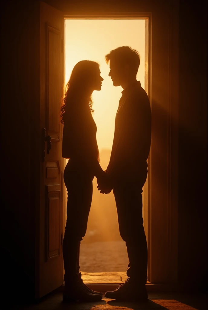 A young couple standing on the threshold of an old wooden door - SeaArt AI