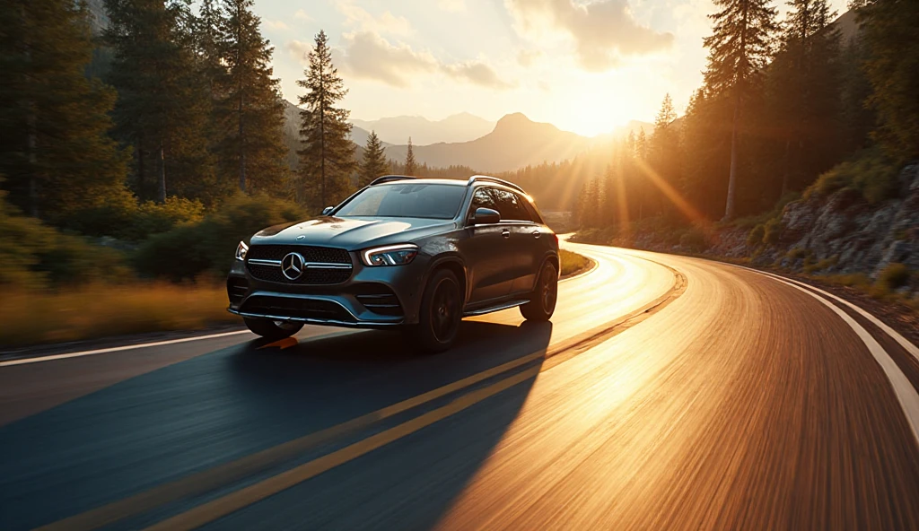 Mercedes-Benz SUV driving smoothly on a winding asphalt road - SeaArt AI