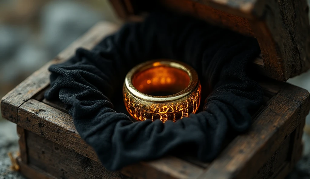 A cinematic close-up of an ancient golden ring resting inside an old ...