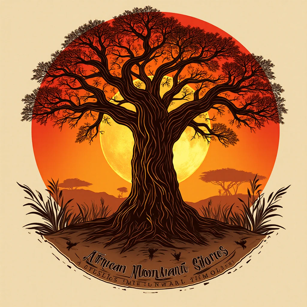 A detailed, artistic logo design for “African Moonlight Stories - SeaArt AI