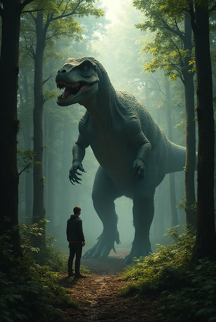 Create the image of a Trex hunting a human being in a forest full of ...