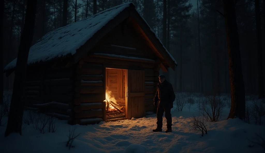 A small wooden forester’s hut deep in the dark Russian taiga at night ...