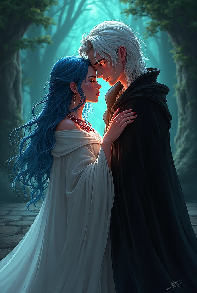 Let man and woman hug each other. With long hair with blue and white ...