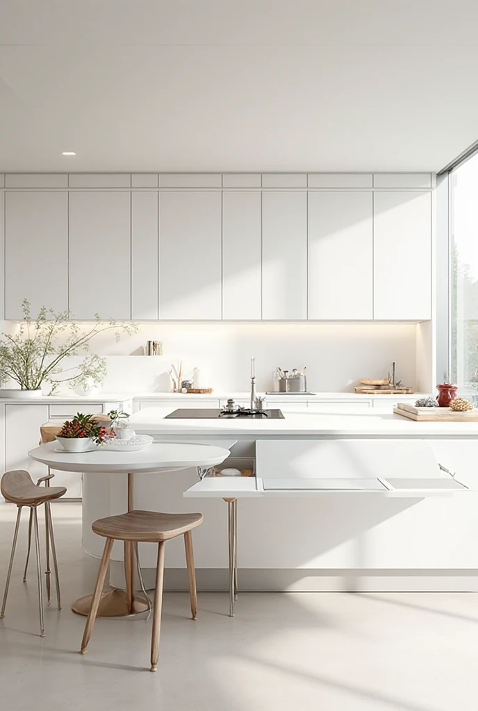"Modern white kitchen with a convertible island featuring pull - SeaArt AI