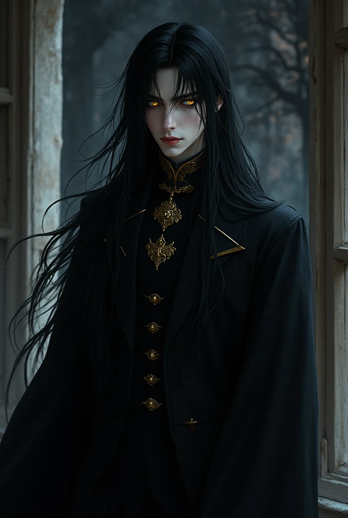 Manhwa art,european male, strict soft face, vampire, extreme long dark ...