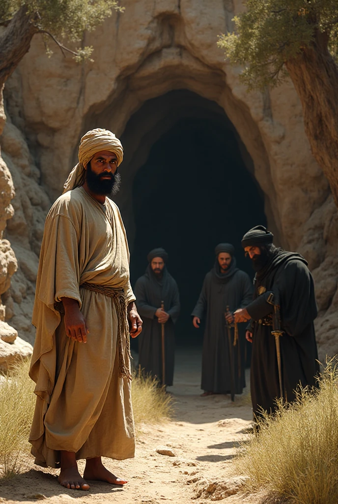 Prompt: "Outside the entrance of a massive ancient cave, a strong ...