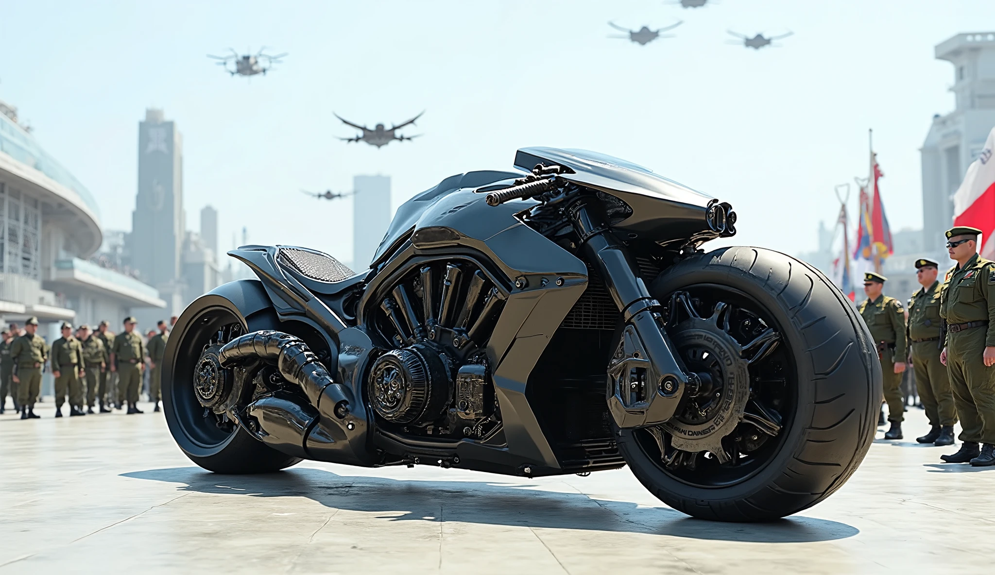 Prompts A massive futuristic American military superbike by[ Harley ...