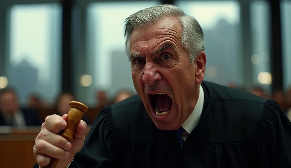 Intense close-up shot of an enraged older white male judge in a black ...