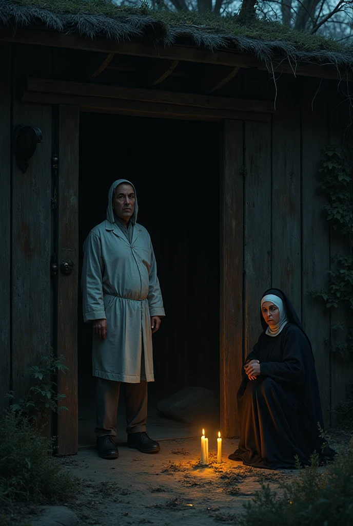 Dark wooden hut, the candles burn dimly, the surgeon stands at the ...