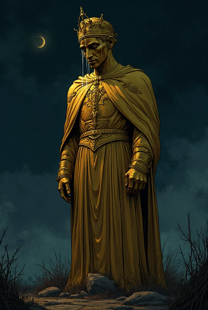 Comic strip style image of the golden prince's statue as he weeps ...