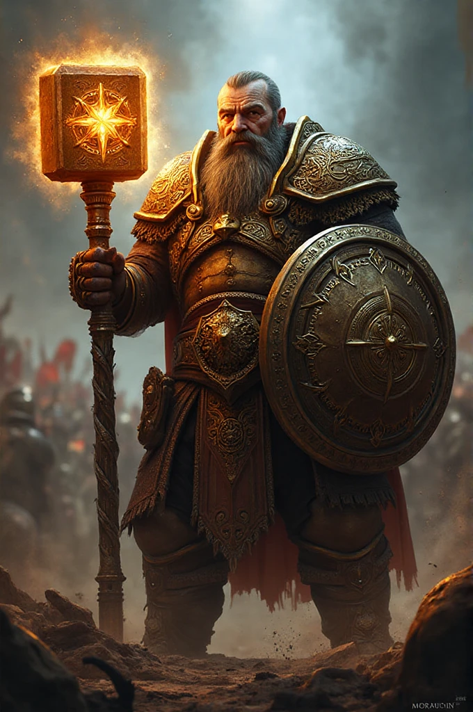 Make this dwarf a warrior with a sacred hammer emanating a light and a ...