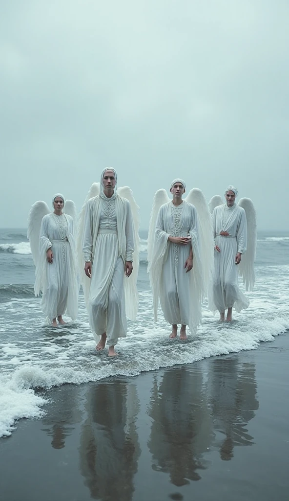 Four ethereal male angels walking seperatly over a stormy sea - SeaArt AI