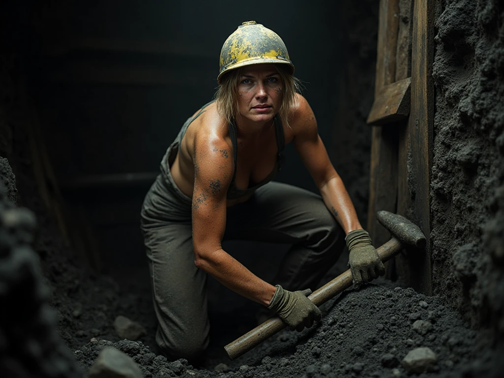 A brawny female coal miner of 30 years in a narrow shaft of a coal mine ...