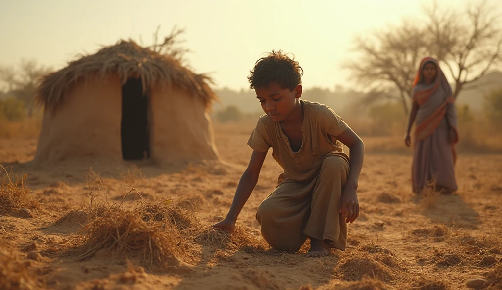 Scene 1: "Young poor boy in simple village clothes working in dry ...
