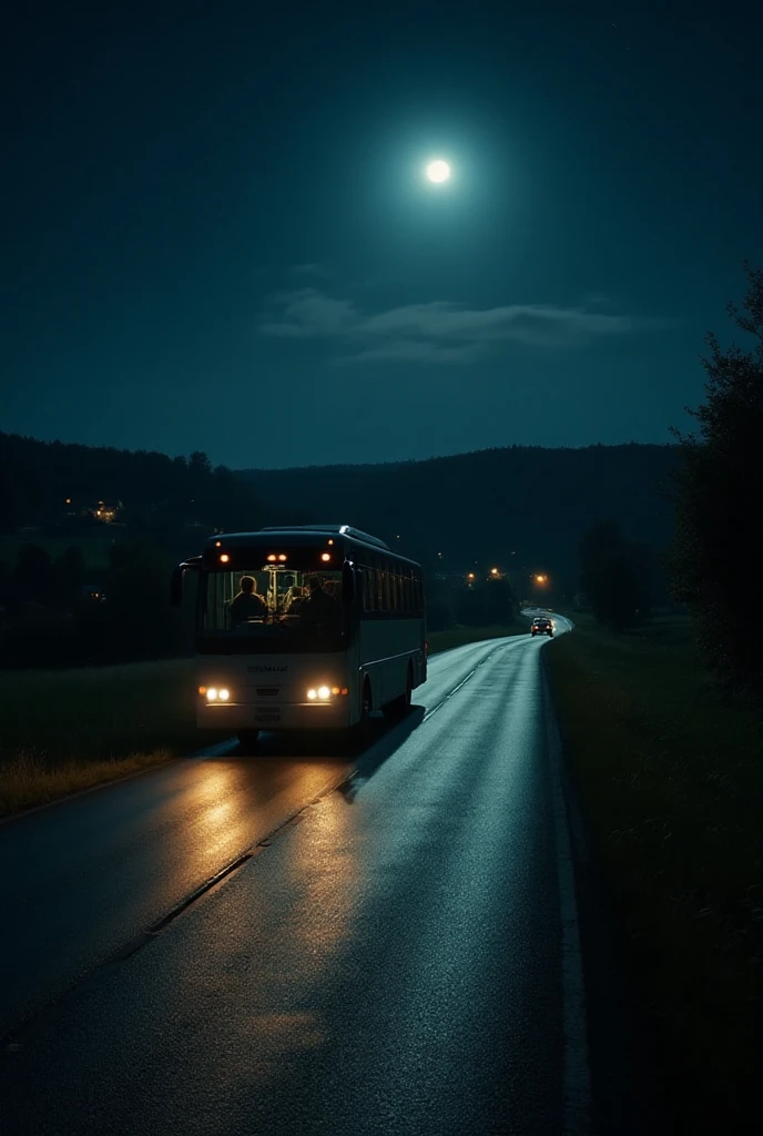 A realistic cinematic video of a tour bus driving along a rural road at ...
