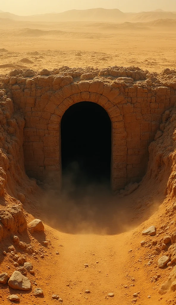 "Wide cinematic aerial shot of a half-buried ancient tomb entrance in ...