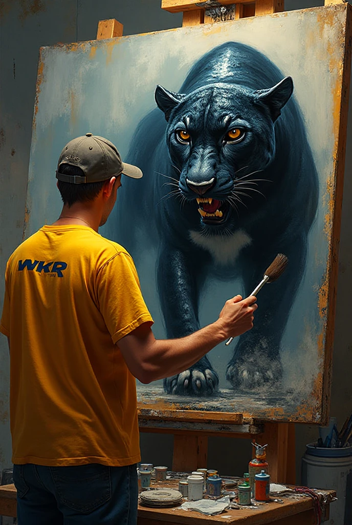 A painter painting a jaguar, he is black with a yellow shirt with a ...