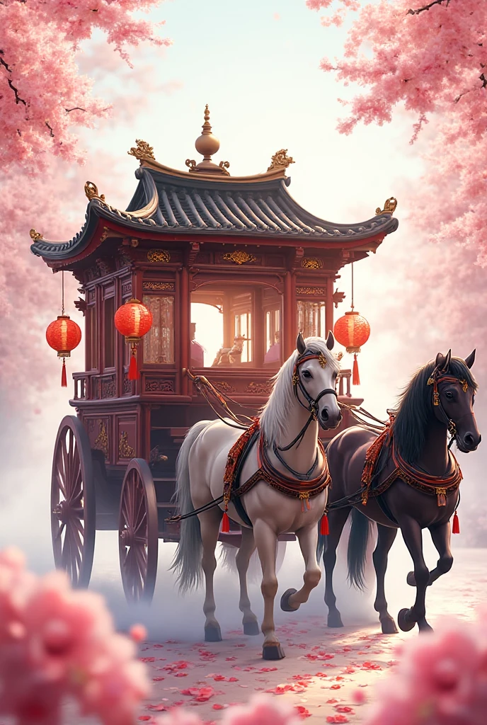 An elegant ancient Chinese horse-drawn carriage, ornate wooden ...