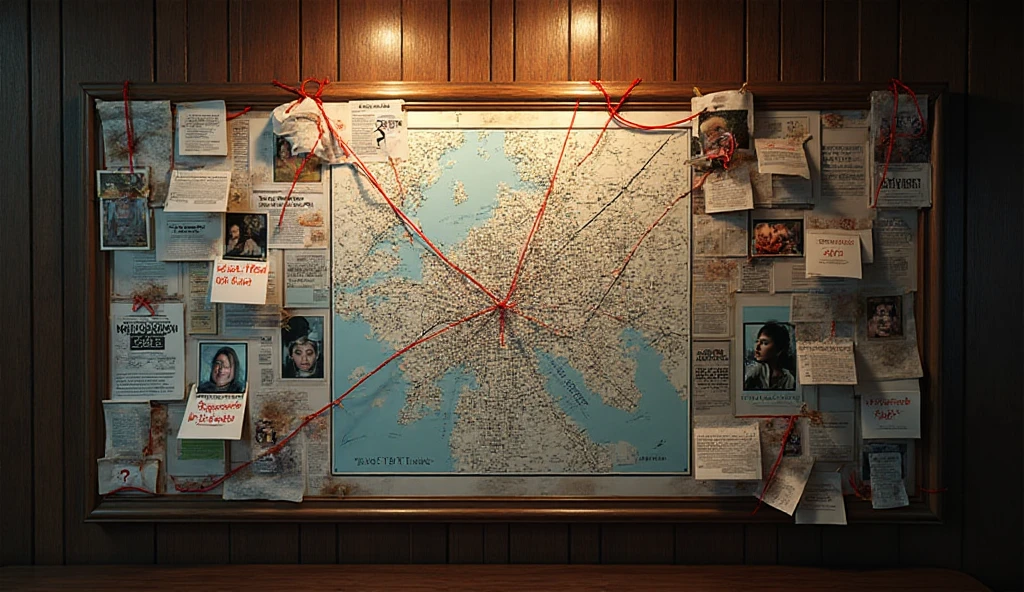 A crime investigation board hanging on a wall, filled with pinned ...