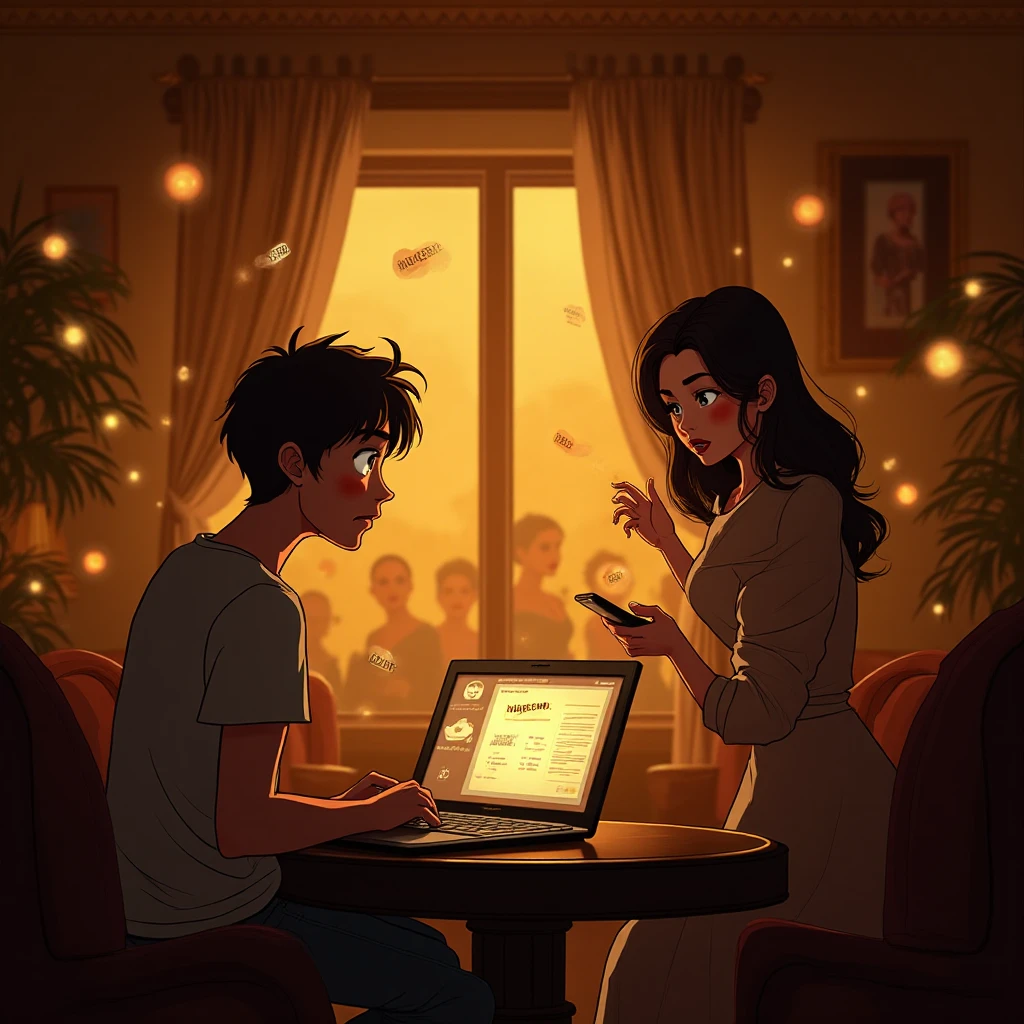 Anime-style illustration of a dramatic indoor luxurious living room ...