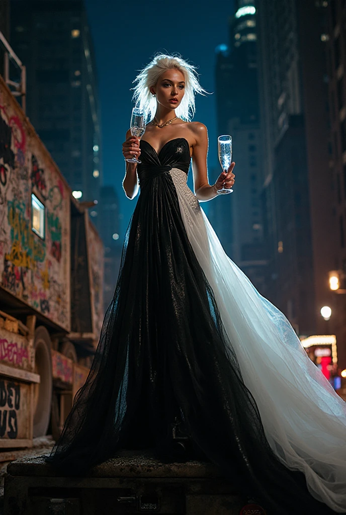 Fashion session in 8K, flashy hairstyle half platinum half black ...