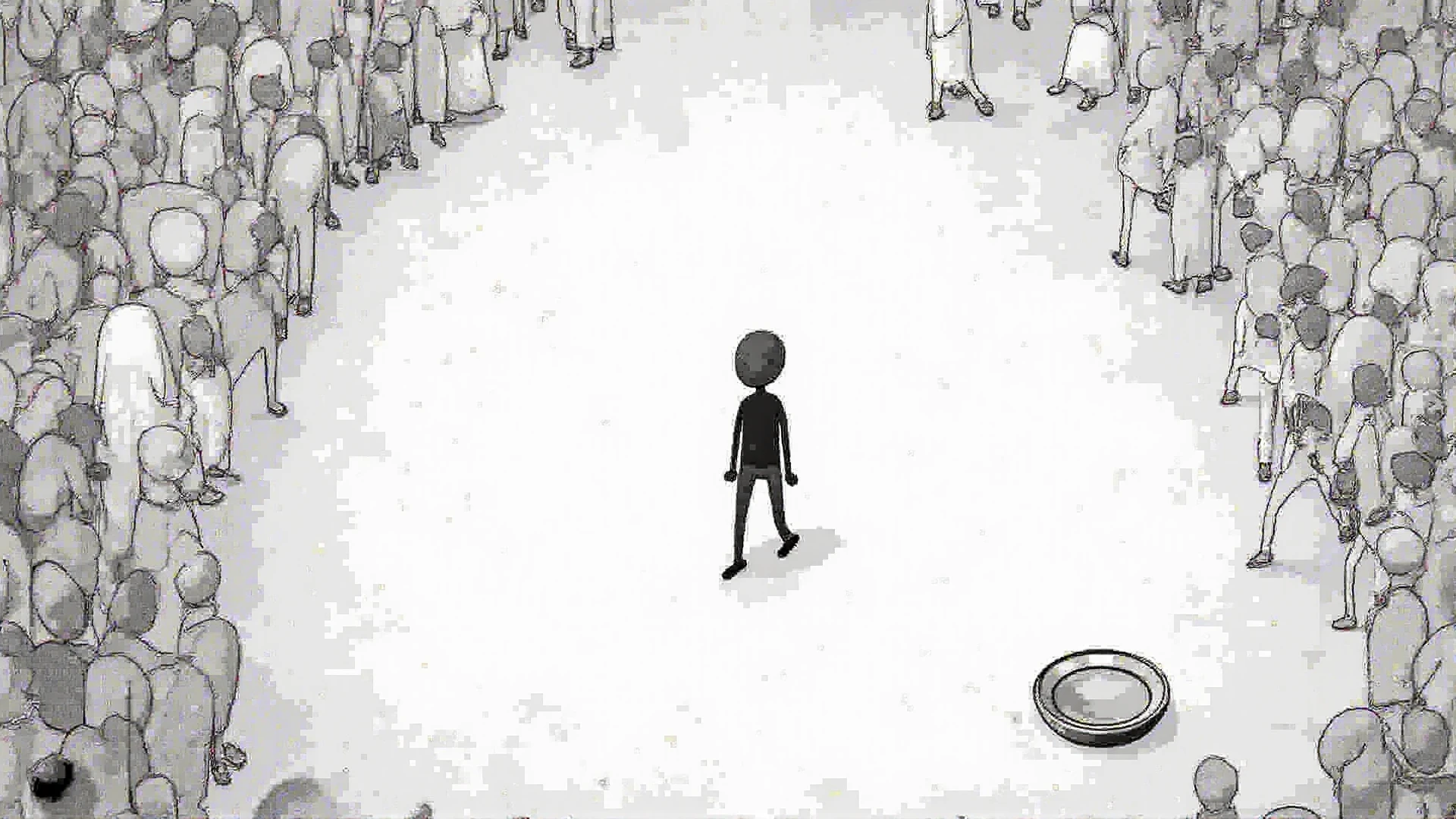 A stick-man moving slowly and calmly while others perform frantically ...