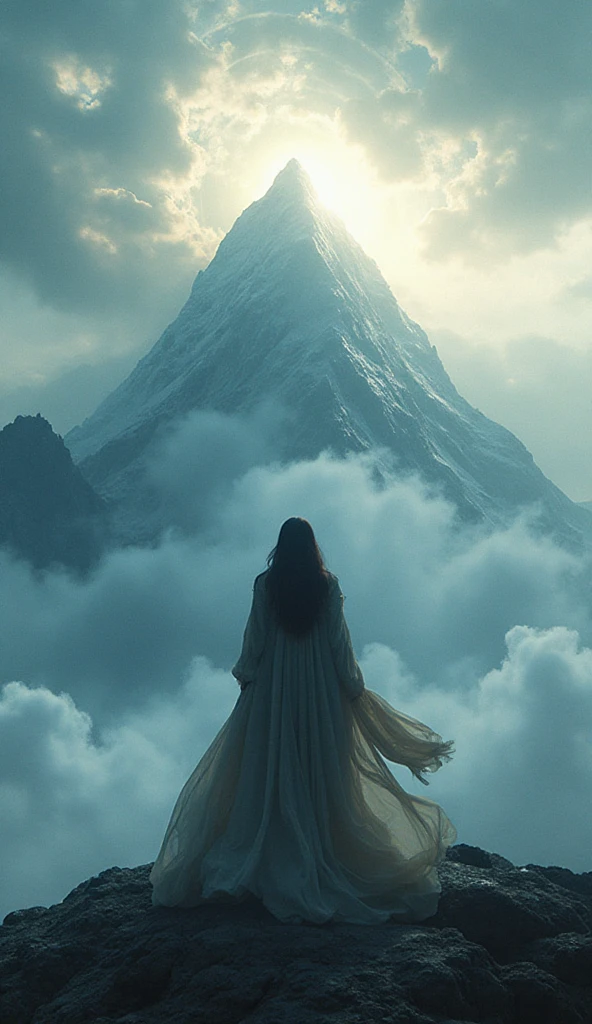 Conceptual portrait capturing a person in upward motion, flowing robes ...