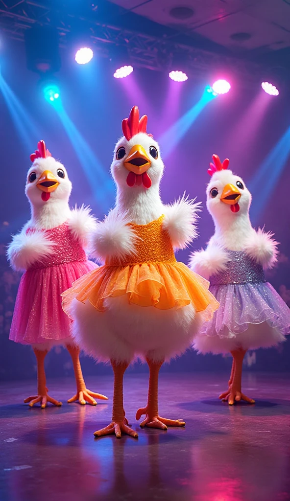 "Three giant chicken wearing colorful girl's dresses, dancing in ...