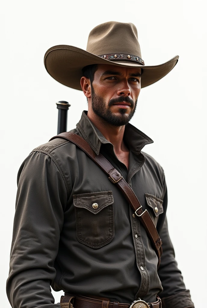Hat on head and gun on shoulder, true cowboy style. White background ...