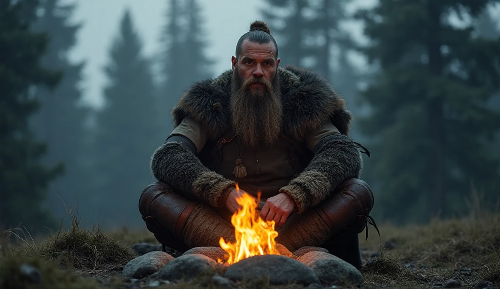 "A rugged Viking warrior with a long beard and a partially shaved ...