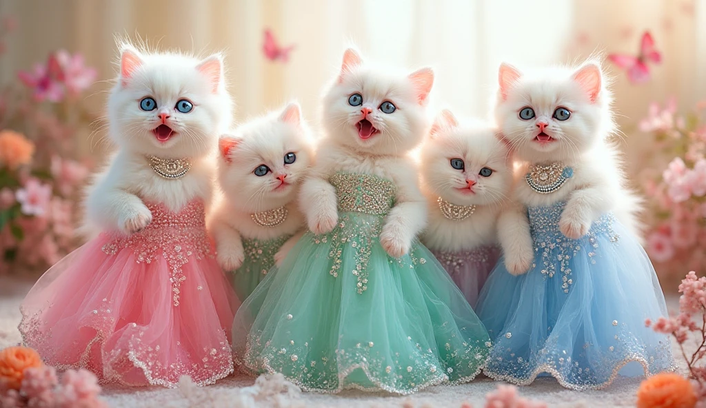 "Adorable fluffy kittens with shining blue eyes, dressed in multi ...