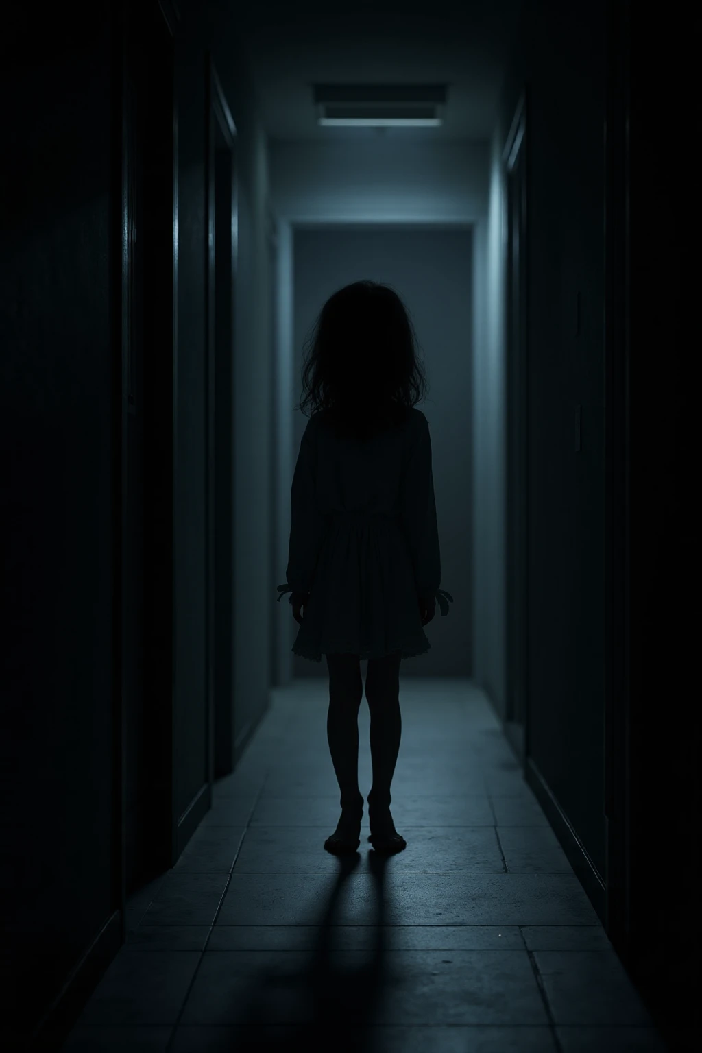 A girl standing barefoot in a dark hallway, only moonlight behind ...
