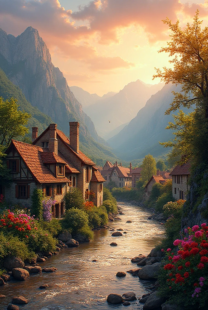 A small village by the river, mountains in the background, floral ...