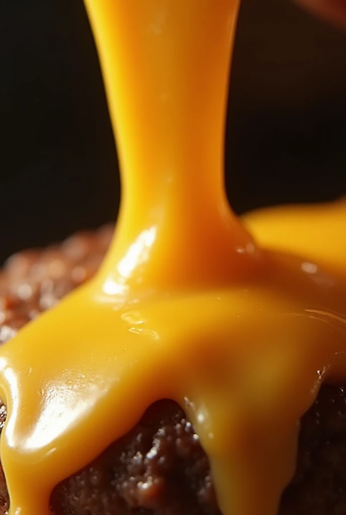 Extreme close-up cinematic shot of melted cheddar cheese dripping and ...