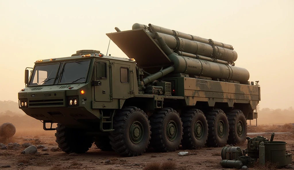"Shahab-2026 missile launcher, 3/4 rear angle, open launch bay doors ...