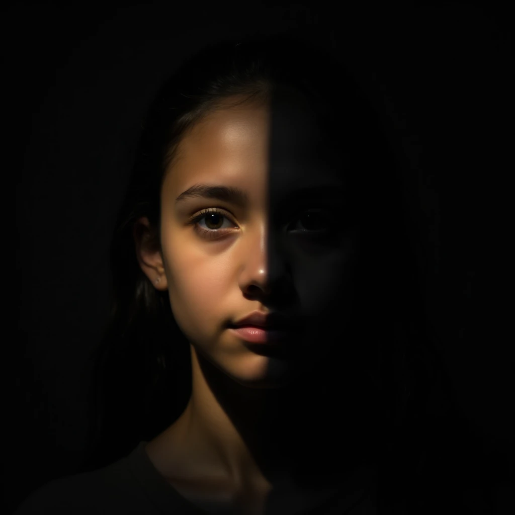 A dramatic, chiaroscuro-style portrait of a young individual divided ...