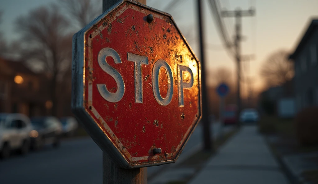 Realistic photo. Close-up of STOP sign details, rounded corners - SeaArt AI
