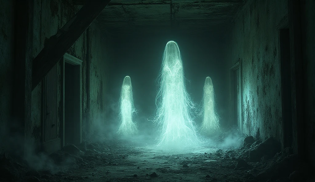 Translucent ghosts in the dark room of an abandoned house. - SeaArt AI