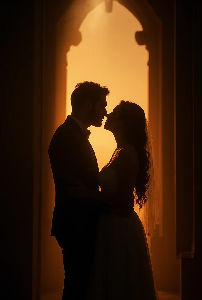 Couple framed in an entrance, backlit, almost touching, romantic ...