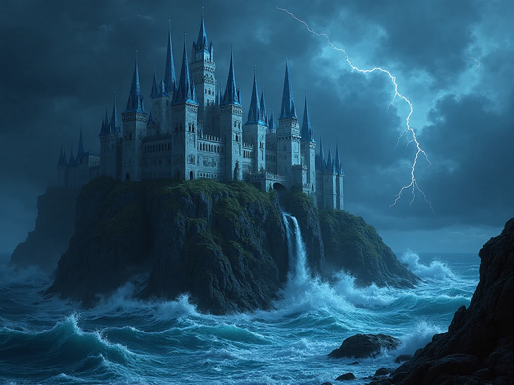 A grand white-and-blue stone castle built on sea cliffs, designed without sharp - SeaArt AI