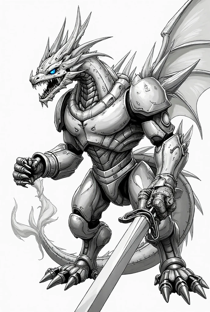 Anime style black and white image of dragon with sword, naga cyborg ...
